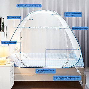 Tinyuet Mosquito Net for Bed, Portable Single Door Pop-up Mosquito Netting with Net Bottom, 39.3x78.7in Bed Tent for Indoor and Outdoor Use, Insect Screen - Blue Edge