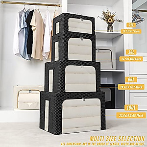 3 Pack Clothes Storage Organizer Bins - Foldable Metal Frame Storage Bins Stackable Oxford Cloth Fabric Container Organizer Set with Carrying Handles and Clear Window (Large-66L, Black Dots)