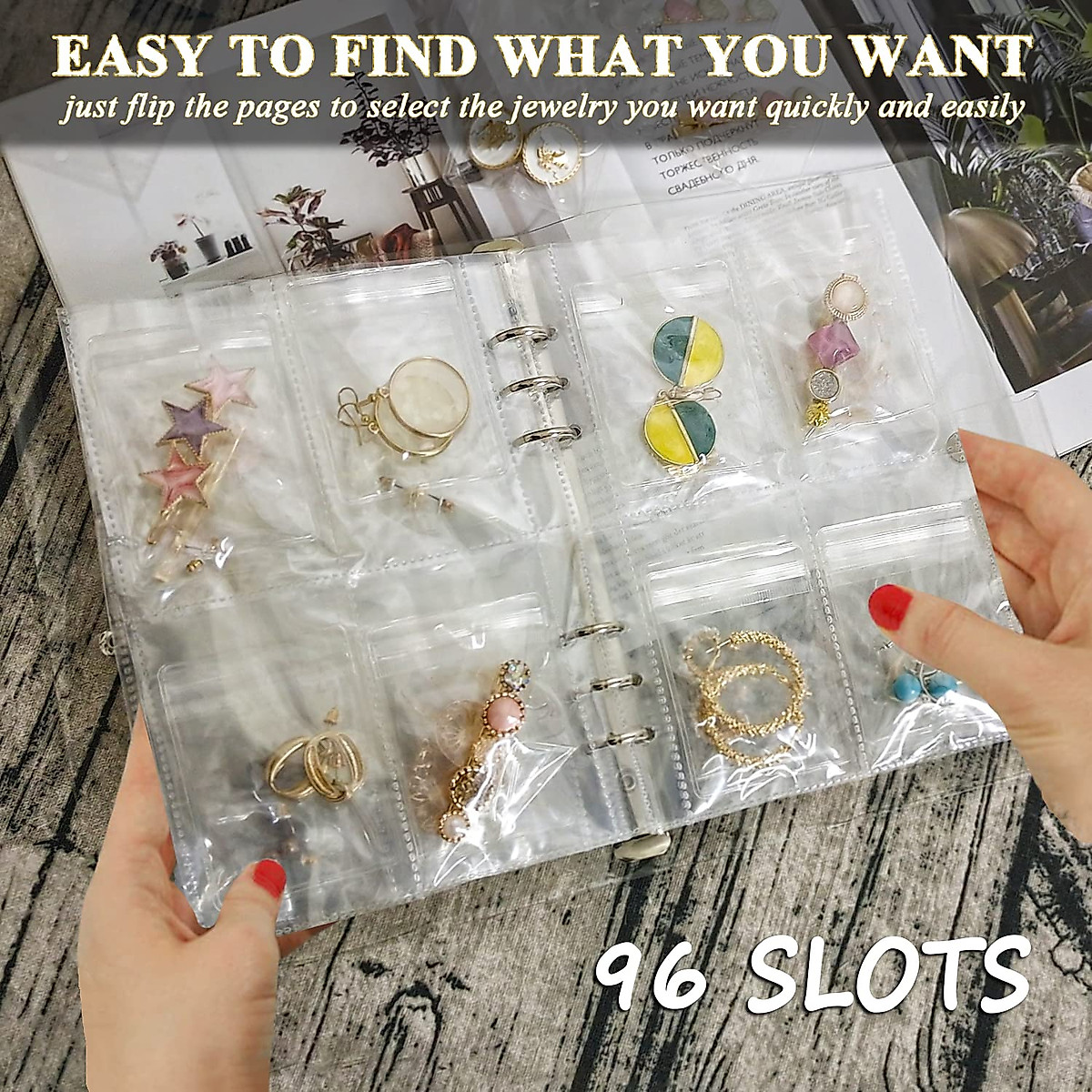 LingLingo Earring Organizer Travel Jewelry Case Container Transparent Jewelry Storage Book Bag for Ring, Necklace, Bracelets, Stud (96 Grids + 96 Small Thicken PVC Zipper Bags)