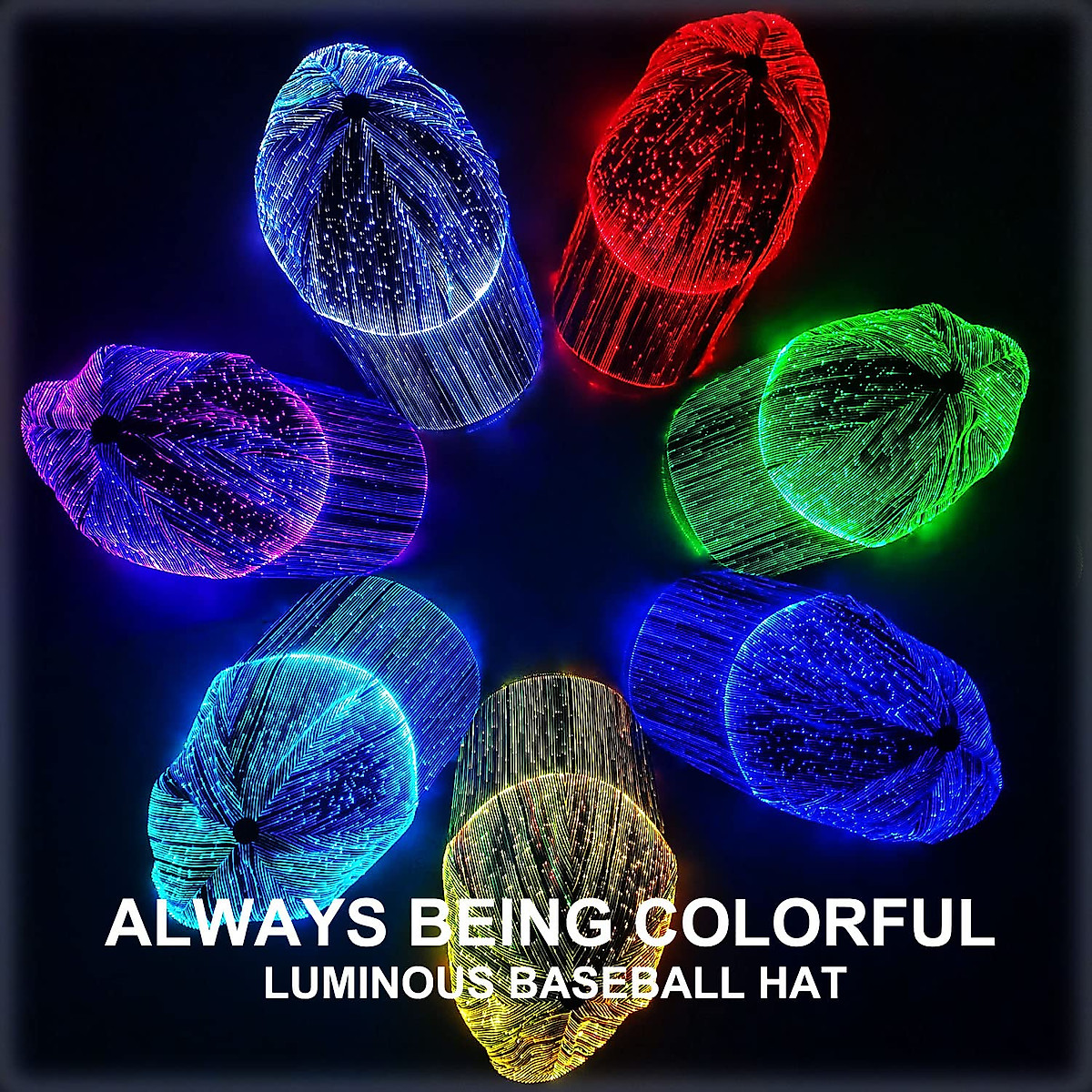 HUNRUY Hip Hop Luminous LED Baseball Cap Hats For Christmas Rave with 7 Colors Light USB Charging (Black)