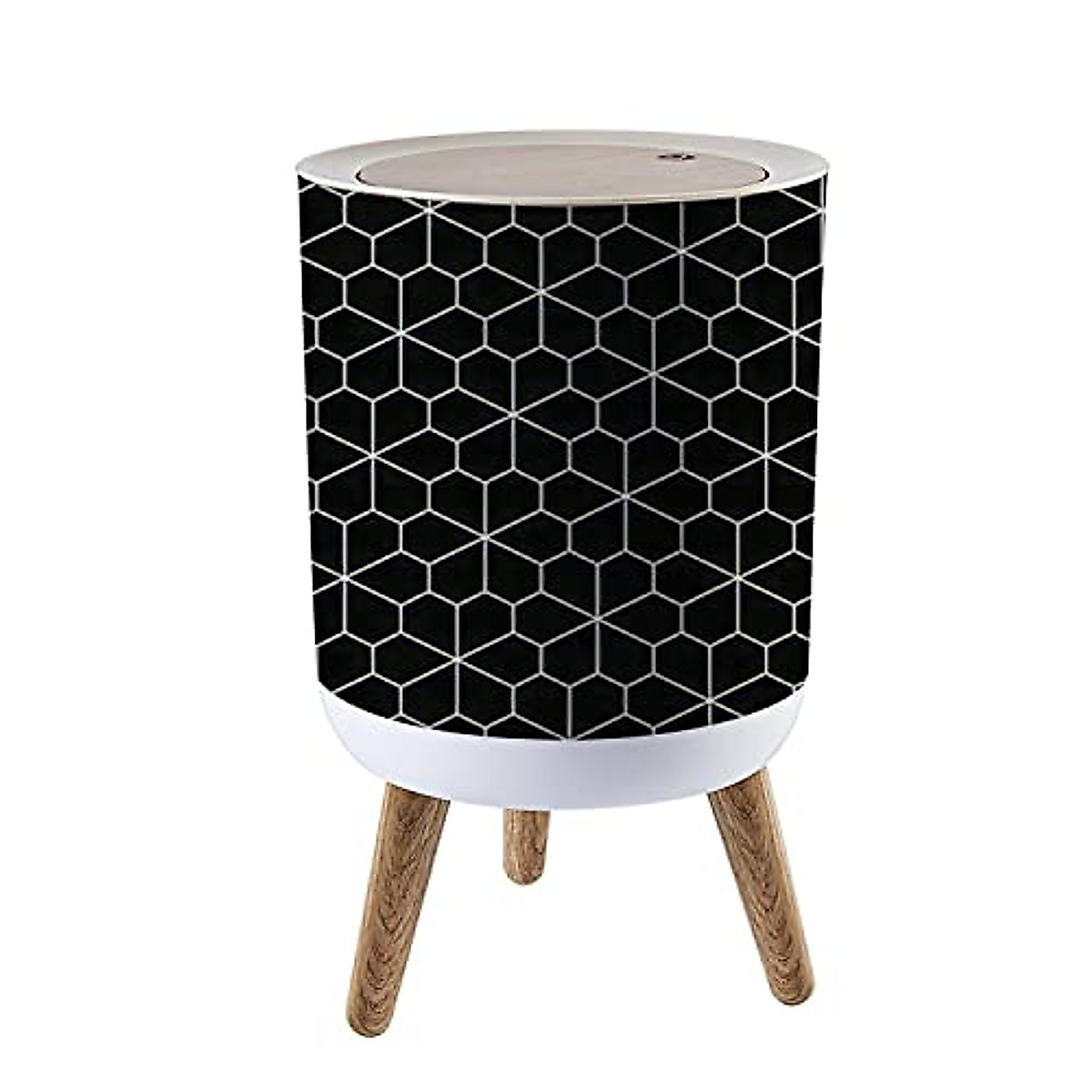 LOPYEIJFG Modern Seamless Geometry Flower Black White Abstract Geometric Print Trash Can with Lid Kitchen Bathroom Bedroom 1.8 Gallon Press Cover Wastebasket Office Wood Small Garbage Bin Waste Bin