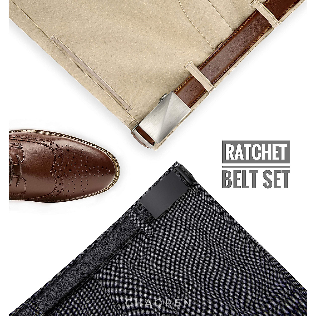 CHAOREN Leather Ratchet Belts 2 Pack, Ultra Soft Mens Dress Belt, Black & Brown Belt 1 3/8" in Gift Box, Effortlessly Stynish