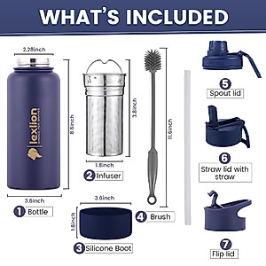 lexlion Water Bottle 32 Oz, Triple Walled Insulated Stainless Steel Reusable, Wide Mouth, Fruit Diffuser-Thermal Leaf Infuser , Silicone Sleeve&Cleaning Brush, 3 Lids Leak Proof, Metal Mug gallon