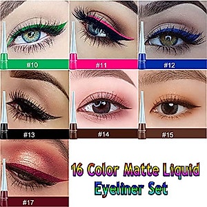 Topcent Matte Liquid Eyeliner Set, 16 Colors Neon White Black Red Brown Green Eye Liners For Women Waterproof High Pigmented Long Lasting Rainbow Eyeliner Pencil Quick Dry Eyes Makeup Kit (16PCS)