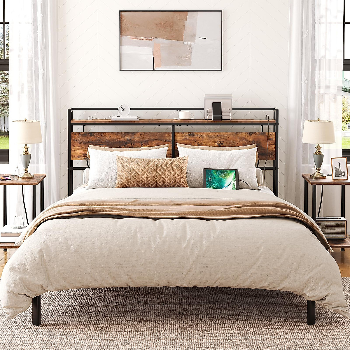 HOOBRO Headboard Queen Size, Headboard with 2 Outlets and 4 USB Ports, Adjustable Height, Storage Rack, Sturdy and Stable, Easy Assembly, Rustic Brown and Black