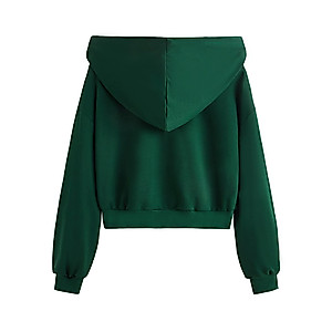 Verdusa Women's Long Sleeve Drop Shoulder Drawstring Crop Hoodie Sweatshirt Dark Green L
