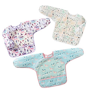 Hafftnun 3-Pack Baby Long Sleeve Waterproof Bib Full Coverage Apron Bib Smock Toddler Bibs with Pocket 6-30 Months