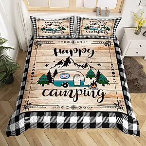 Camp Travel Car Duvet Cover Balck and White Buffalo Plaid Queen Bedding Sets for Girls, Camping Decor for Camper Comforter Cover, Vintage Brown Barn Door Plank Cottage Cabin Farmhouse Decor