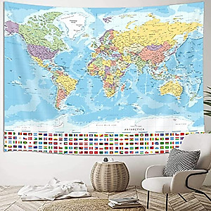 World Map Tapestry Wall Hanging, Map of The World with National Educational Wall Tapestries Room Decor, Boys Girls Kids Map Wall Tapestry for Bedroom Living Room Office Classroom (60X40")