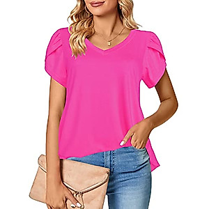Afibi Womens Summer V Neck Loose Dressy Shirts Petal Short Sleeve Tunic Tops (XXX-Large, Coral)