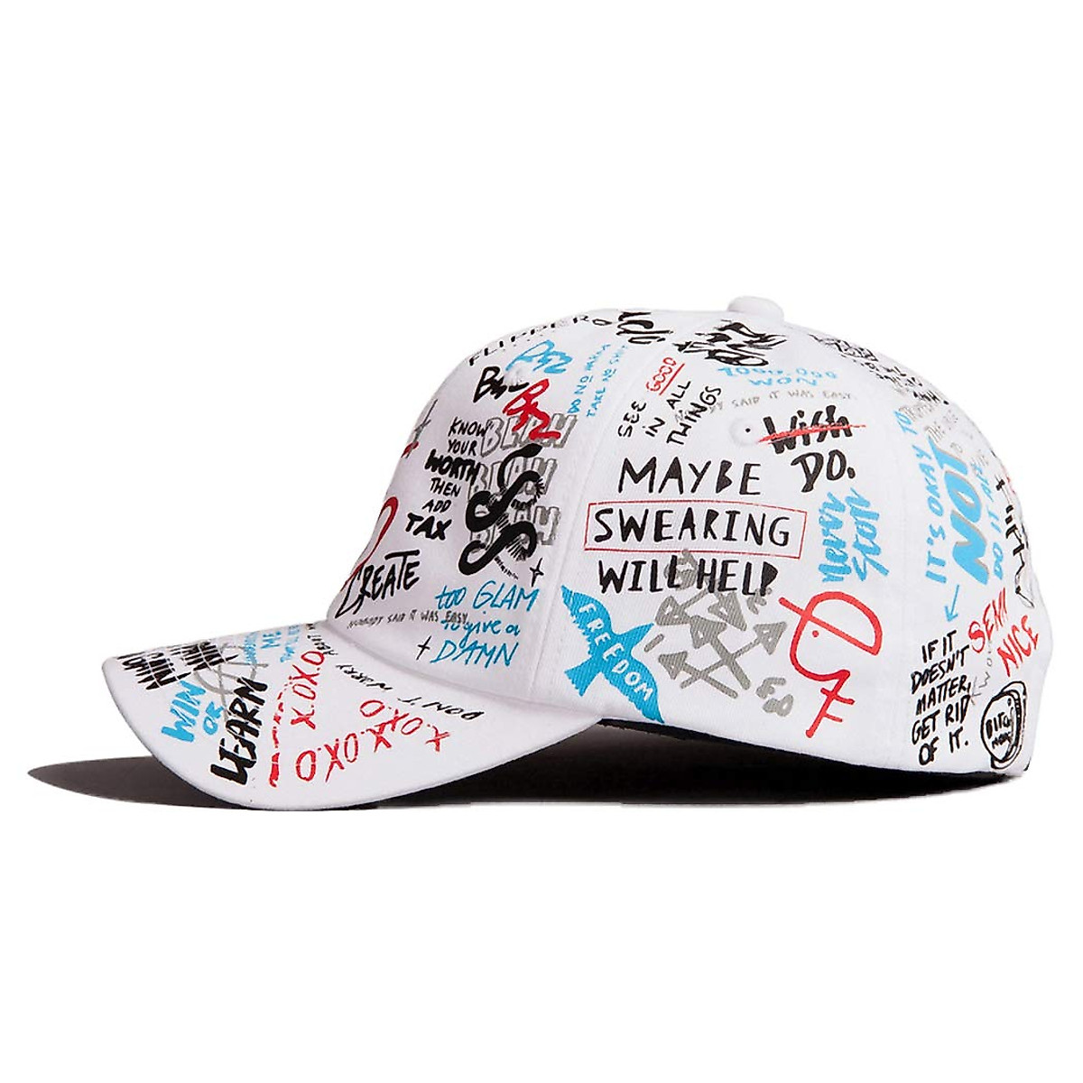 Flipper Designer Graffiti Doodle Cotton Baseball Cap for Men Women, Kpop Hat w/Curve Brim (White/Multi, Free Size)