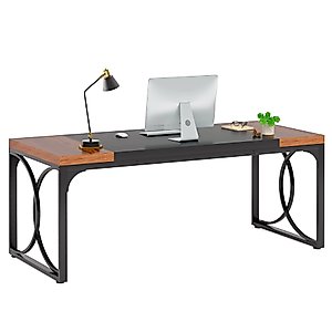 63" Executive Desk, Office Desk with Strong Metal Legs, Industrial Thicken Wood Computer Desk, Large Workstation Business Furniture, Rectangle Conference Table for 4 People, Rustic Brown and Black