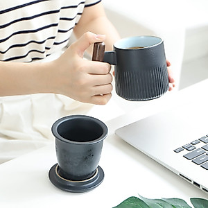 TEANAGOO Ceramic Tea Mug with Infuser and Lid & Matching Tea Canister, 2 Pcs/Set with Luxury Leather Bag, Best Gift Choice for Tea Lover, 12 Oz, Q9, Black, Stoneware Glazed & Rosewood Handle.