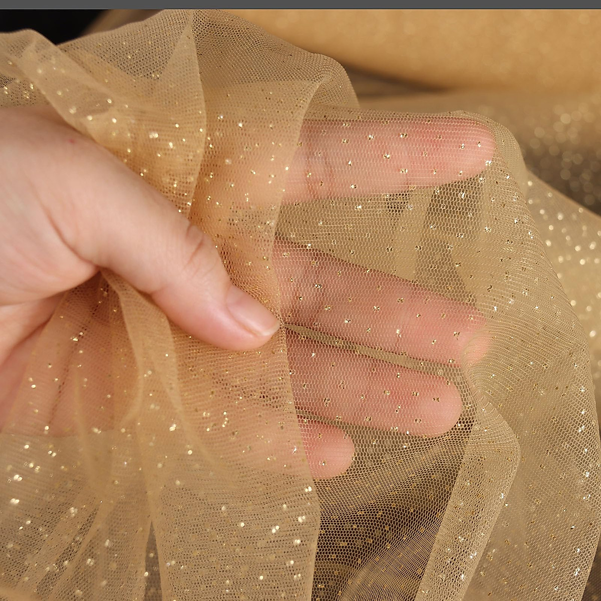 HAVII 60" x 8 Yards Golden Glitter Tulle Fabric Rolls Sequin Sheer Fabric for Bridal Veil Wedding Arch Backdrop Decor Tutu Skirts DIY Sewing Craft