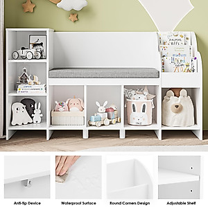 HOSTACK Kids Reading Nook, Nursery Bookshelf and Bookcase with Bench, Book Shelf Organizer with Seat Cushion and 6 Storage Cubbies for Playroom, Bedroom, White