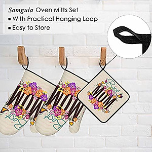 Samgula Best Mom Oven Mitts and Pot Holders Sets Happy Mother's Day Hearts Flowers Heat Resistant 3pcs for Cooking Baking BBQ