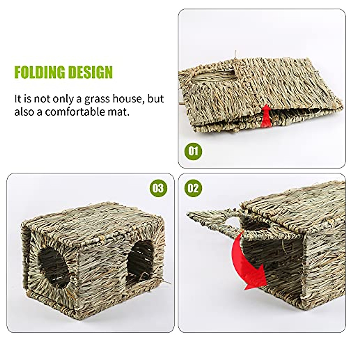 Fuaier Large Grass House for Rabbit Guinea Pig Hamster Chinchilla and Small Animals. Hand-Woven Safe and Comfortable Foldable Playhouse for Laying or Sleeping