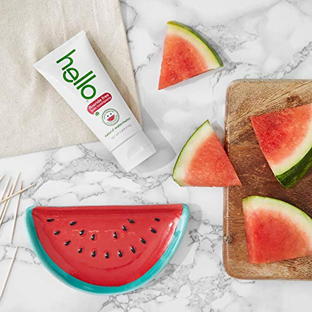 Hello Natural Watermelon Flavor Kids Fluoride Free Toothpaste and Mouthwash, Vegan, Alcohol Free, SLS Free, Gluten Free, 4.2 Ounce Toothpaste Tubes (Pack of 2), 16 Fl Oz Mouthwash Bottle