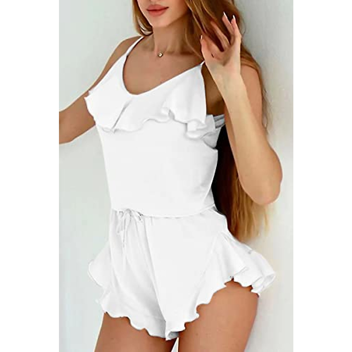 CHYRII Women's Sexy Silk Satin Ruffled Pajamas Sets Cami Shorts Sets Cute PJS Lingerie Slppewear Set White L