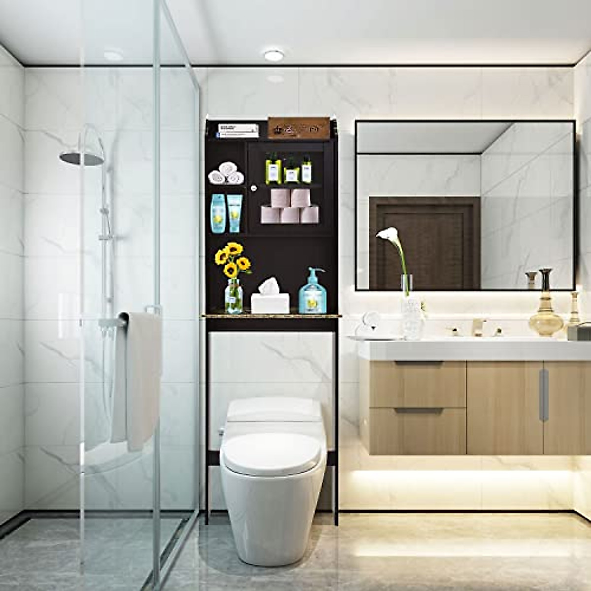 Henf Over The Toilet Storage Bathroom SpaceSaver Bathroom Storage Cabinet with Door and Adjustable Shelf Over Toilet Bathroom Organizer (Espresso)