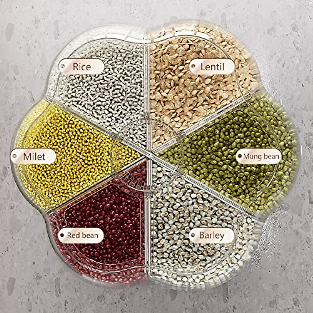 15lb Cereal and Grain Storage Container, 6-Compartment 360°Rotating Dry Food Dispenser with Measuring Cup, Kitchen Lentil Round Storage Container Dispenser for Small Grains, Beans, Rice, Barley,