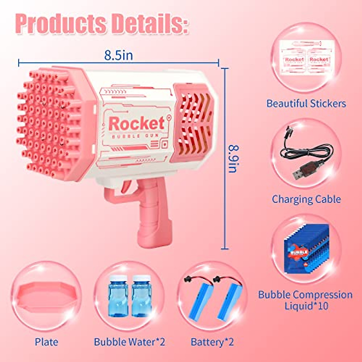 Bazooka Bubble Blaster Gun with 2 Batteries,Rocket Bubble Machine Blower,Birthday Gift for Girls Kids,Bubble Maker Toys for Party Wedding(Pink)