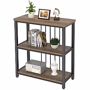 FOLUBAN Small Bookshelf and Bookcase, 3 Tier Open Book Shelf, Modern Metal and Wood Shelving Unit for Living Room Bedroom, Oak