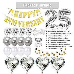 25th Anniversary Decorations, Happy 25th Wedding Anniversary Decorations with Banner, 25th Cake Topper, Huge Number Letter, Gold Star Hanging, Balloons for Happy 25th Anniversary Decorations