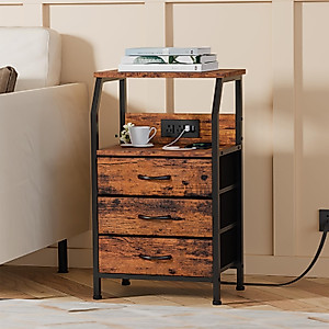 Furnulem Night Stand with Charging Station, Small Bedside Table with Wood Shelf, End Table with USB Ports & Outlets, 3 Fabric Drawers Side Table for Bedroom, Closet, 3 Ways to Use, Rustic Brown