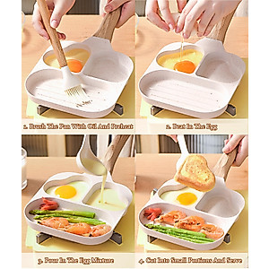 Nonstick Egg Frying Pan, 3-in-1 Nonstick Pan Divided Grill Frying Pan, Heat Resistant Handle 3 Section Skillet Mini Pancake Pan, Cooking Pan for Breakfast, Egg, Bacon and Burgers, 7.5 in (White)