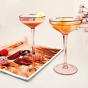 REAWOW Pink Champagne Glasses 5 OZ Champagne Coupe Glasses Classic Cocktail Glassware Gilded Dessert Cup Creative Unique Gift Set of 2