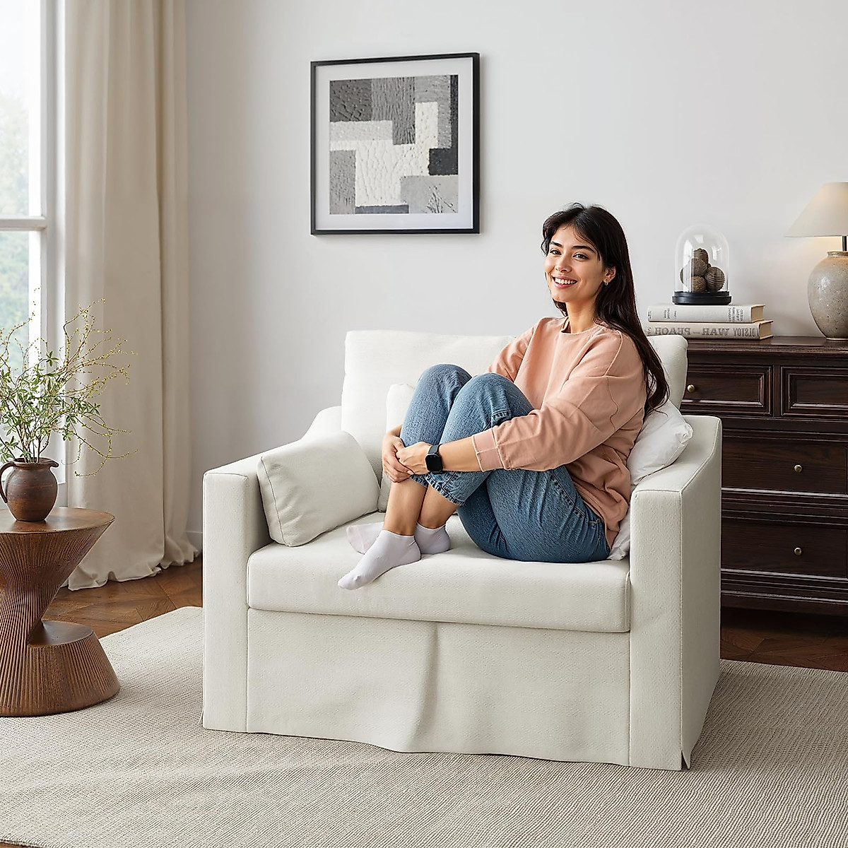 Oversized Accent Chair, 42'' Wide Slipcovered Sofa Chair with 3 Throw Pillows, Deep Seat Armchair w/Pocket Springs Cushion, Slope Arms, Modern Single Couch for Living Room, Office, Apartment, Beige