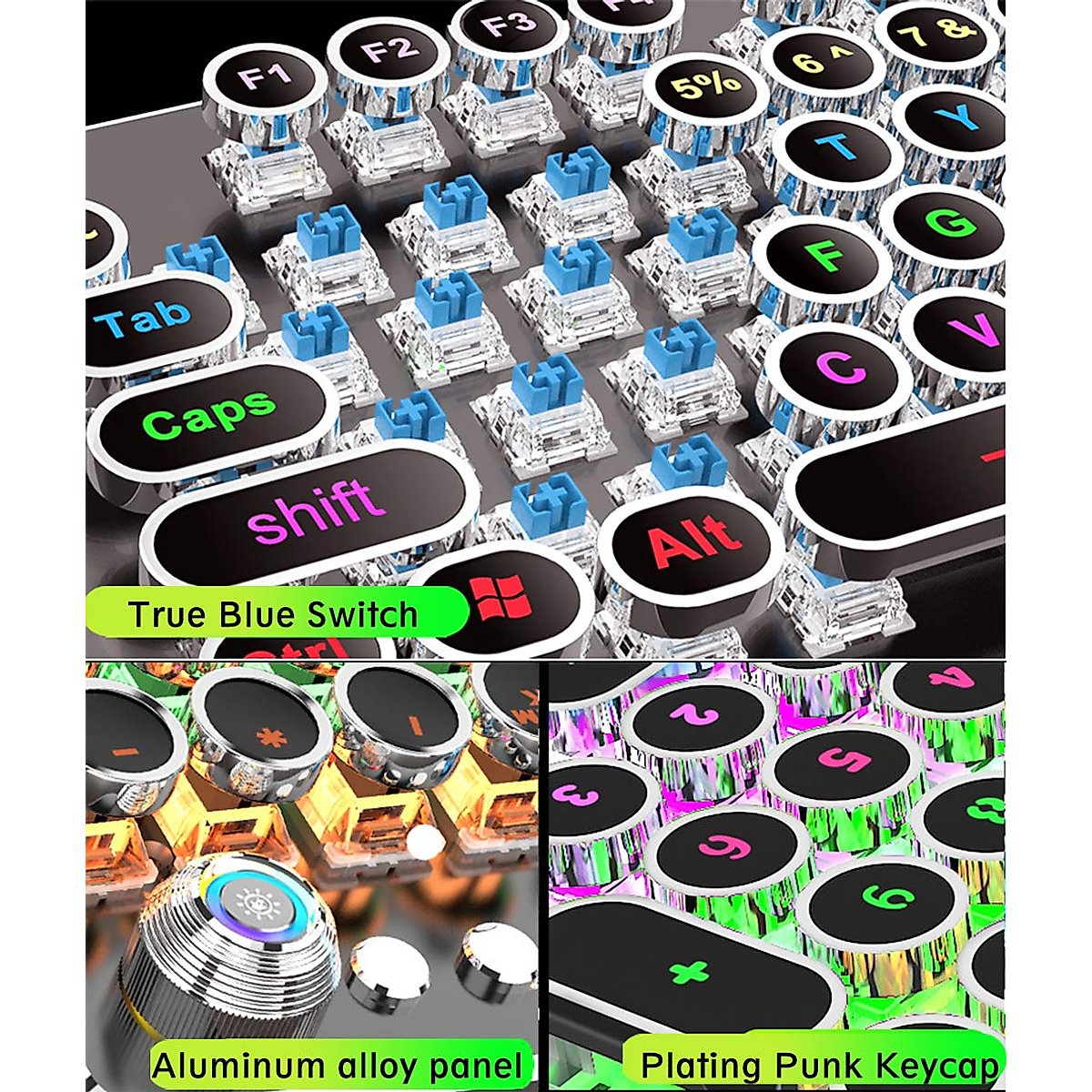 K820 Retro Steampunk Gaming Mechanical Keyboard-Blue Switch-RGB LED Backlit Illuminated Keyboard,USB Wired,Typewriter-Style,Plating 104 Key Round Keycaps,for Game and Office,for Laptop Desktop (Black)