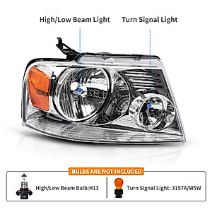 DWVO Headlight Assembly Compatible with 2004 2005 2006 2007 2008 Ford F150 Pickup 2006 2007 2008 Lincoln Mark LT Passenger and Driver Side Chrome Housing Amber Reflector