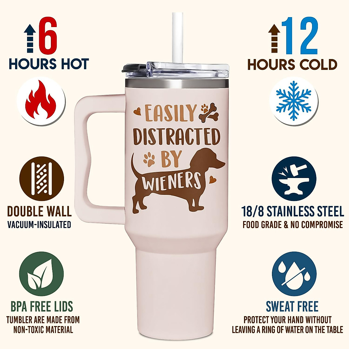 AT2Z GLOBAL Dachshund Gifts For Women, Dog Lovers - Mothers Day Gifts From Dogs - Birthday Gifts For Dackel Owners - Christmas Gifts for Dachshund Mom - Wiener Dogs 40oz Tumbler With Handle & Straw