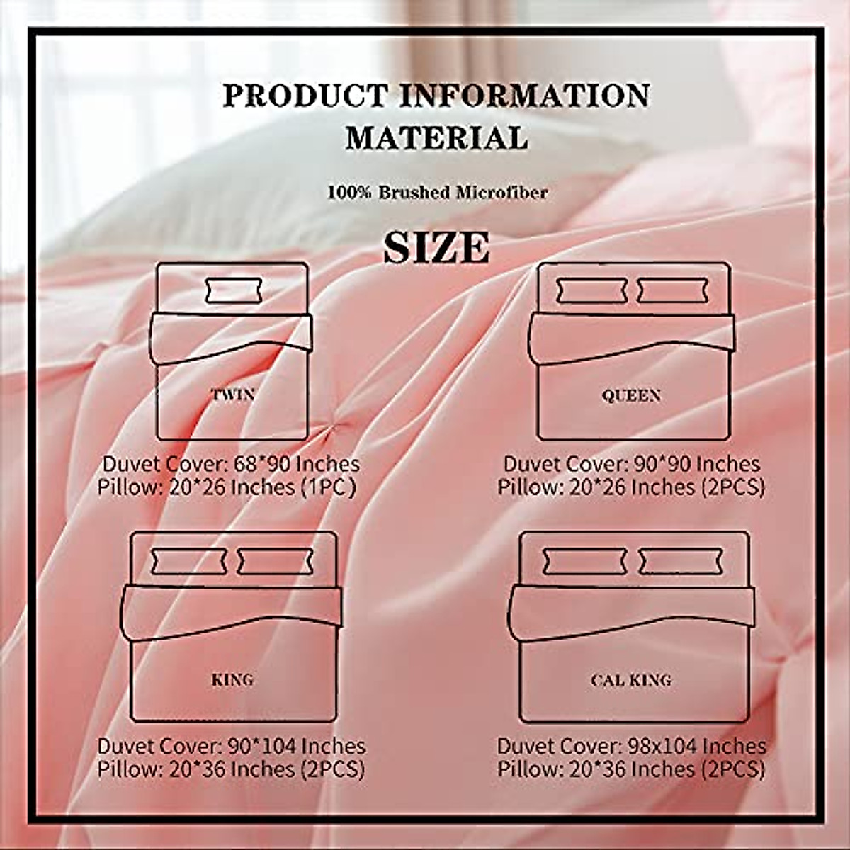 3 Pieces Bedding Duvet Cover Set, Pinch Pleated Queen Duvet Cover, Pintuck Comforter Quilt Cover with 2 Pillow Shams-Queen-90 X 90 inches-Pink