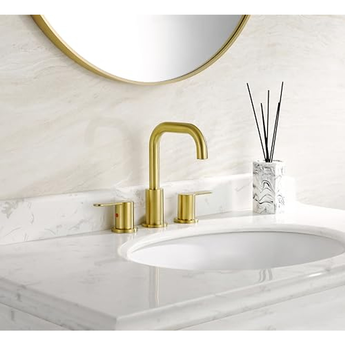 TimeArrow Brushed Gold 2 Handle 8 Inch Widespread Bathroom Sink Faucet with Pop-Up Drain, High Arc Modern Bathroom Vanity Lavatory Faucet 3 Holes with Brass 360° Swivel Spout, TAF830E-PB