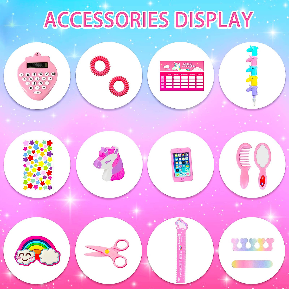 21pcs 18 Inch Doll Clothes and Accessories for Doll School Play Set Includes Suitcase, Clothes, Sticker, Class Schedule Card, Comb, Mirror, Eraser, Calculator, Nail File Buffer, Pencil, Ruler