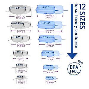 [12pack] Longzon Silicone Stretch Lids 6 Clear Round 6 Blue Rectangle, Magic Lids Reusable Food Covers for Bowls, Cups, Cans, Fit Different Sizes & Shapes of Container, Dishwasher & Freezer Safe