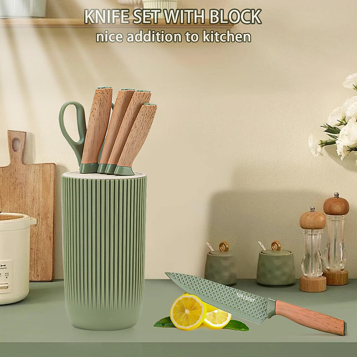 Knife Set, 6 Pieces Professional Kitchen Knife Set with Universal Knife Block, Super Sharp Knife Set with Ergonomic Handle Non-stick Stainless Steel Knife Block Set (Green)