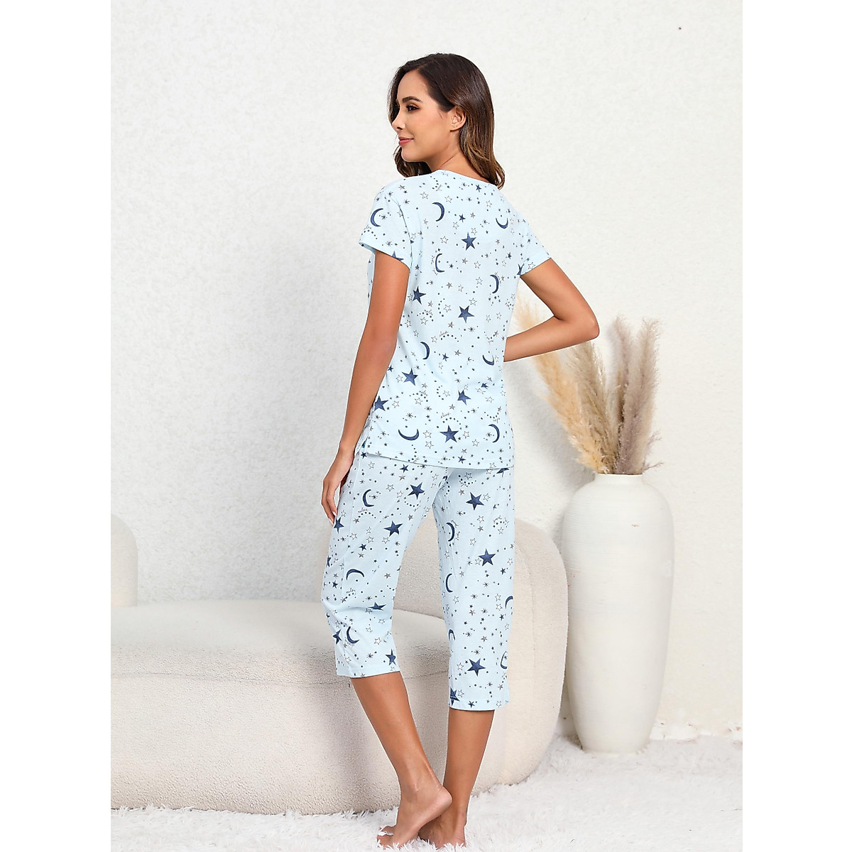PNAEONG Women’s Pajama Set - Cotton-Blend Short-Sleeve Loose Top with Matching Capri Bottoms SY215-Blue Star-M