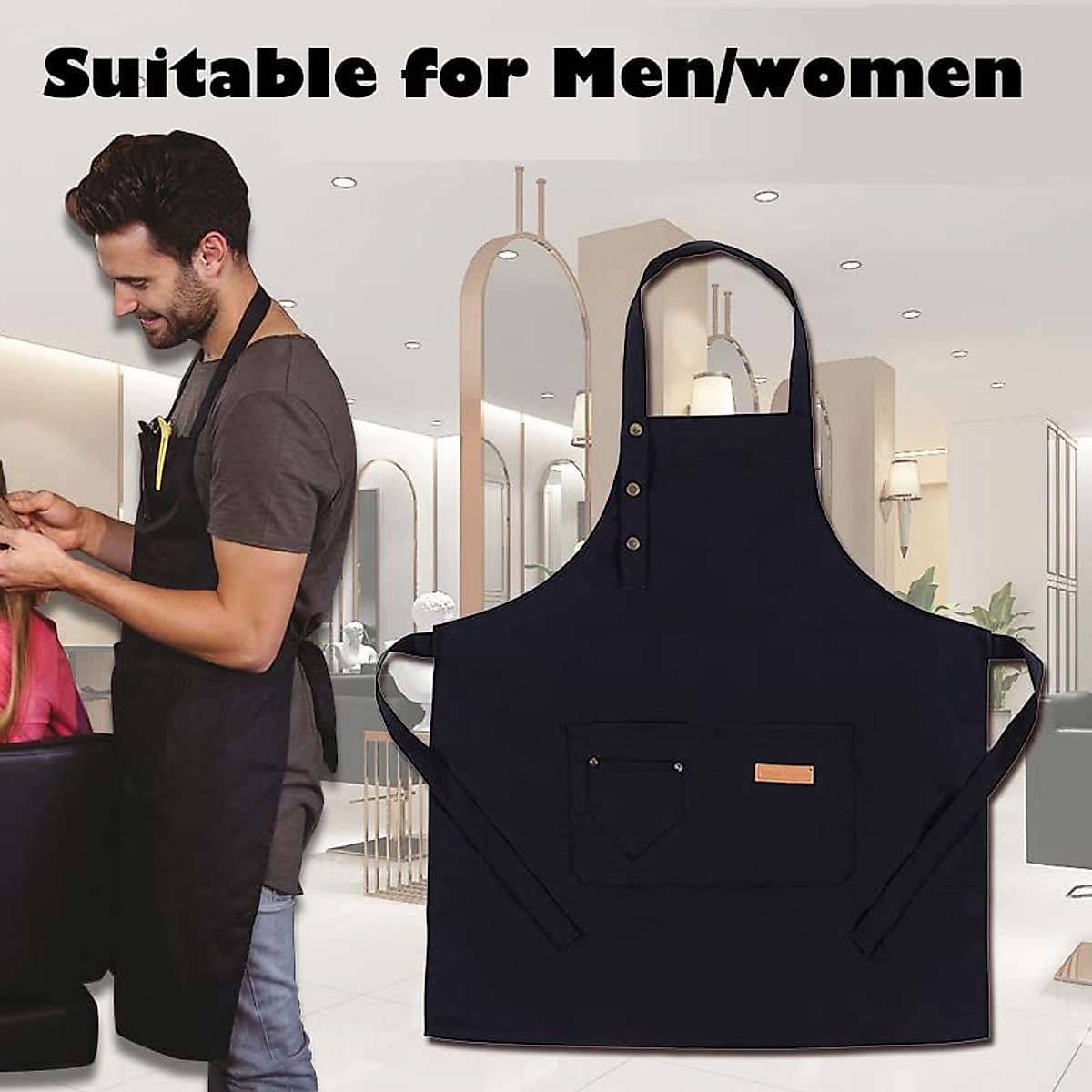 YFJQTZX Adjustable Canvas Apron Women Men, Waterproof Kitchen Aprons for Women With Pockets, Cute Cooking Chef Aprons for Men Grill(Black)
