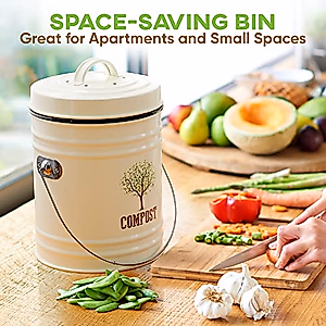 Third Rock - 1.0 Gallon Farmhouse Kitchen Compost Bin - Beige - with 3 Years Supply of Charcoal Filter Replacements