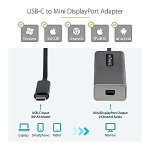 StarTech.com USB C to Mini DisplayPort Adapter, 4K 60Hz USB Type C to mDP/Mini DP Monitor Video Converter Dongle, Thunderbolt 3 Compatible, 12" Attached Cable, Upgraded Version of CDP2MDP (CDP2MDPEC)