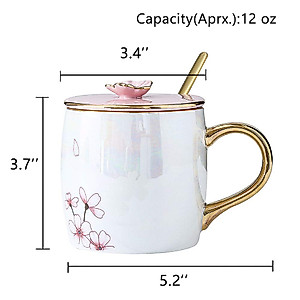 VanEnjoy 13.5oz Gold Rim Pink Cherry Blossom Ceramic Mug Porcelain Coffee Milk Tea Cups with Lid Gold Spoon,Tea Coffee Lovers Gift for Women Office