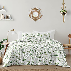 Sweet Jojo Designs Green Boho Floral Leaf Queen Duvet Cover Bedding Set Full Size Bed Comforter Case Shams 3pc Neutral Sage White Bohemian Watercolor Botanical Flower Woodland Tropical Garden Nature