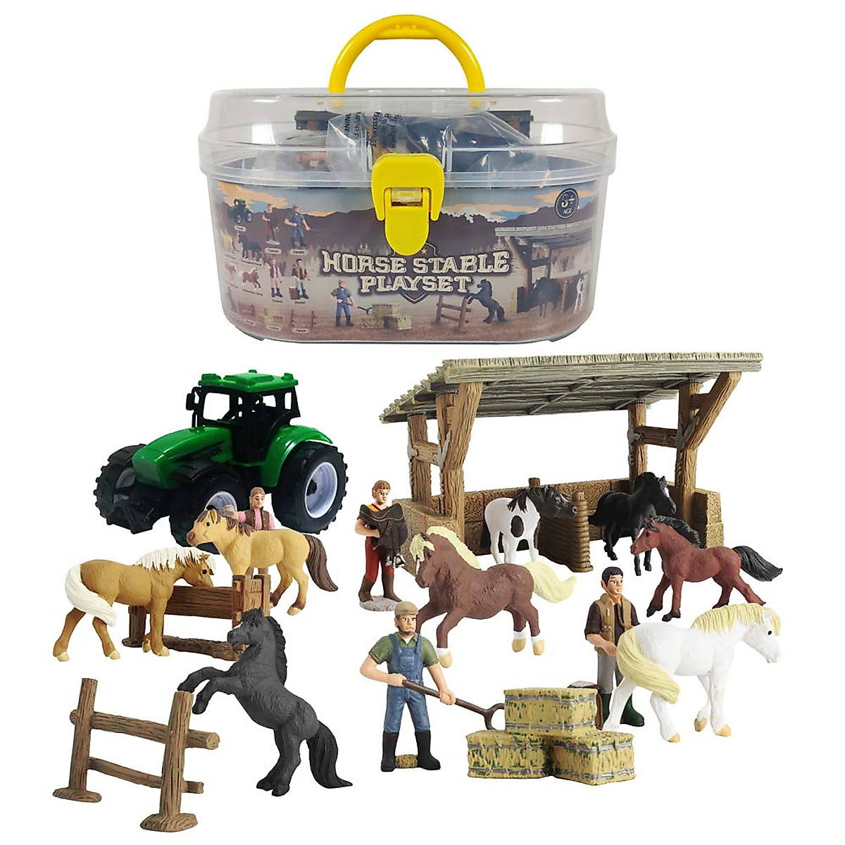 DINOBROS Horse Stable Playset Toys for Boys and Girls Ages 3 and Up Includes 8 Horses and Accessories 17 Piece Horse Stall Farm Set with Portable Case