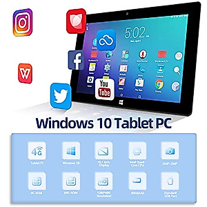 ZAOFEPU 10 Inch Tablet Windows 10 Home, Tablet PC 4G&WiFi&Bluetooth RAM 4GB+ ROM 64GB, 2MP+5MP Dual Camera, 6000mAh Black Tablet Computer