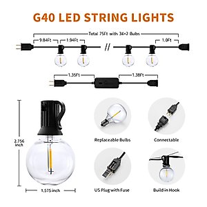 XMCOSY+ Smart Outdoor String Lights, 75Ft G40 Globe Patio Lights with 34 Dimmable LED Bulbs, WiFi & APP Control, Work with Alexa, Extendable Waterproof LED String Lights for Outside, Porch, Backyard