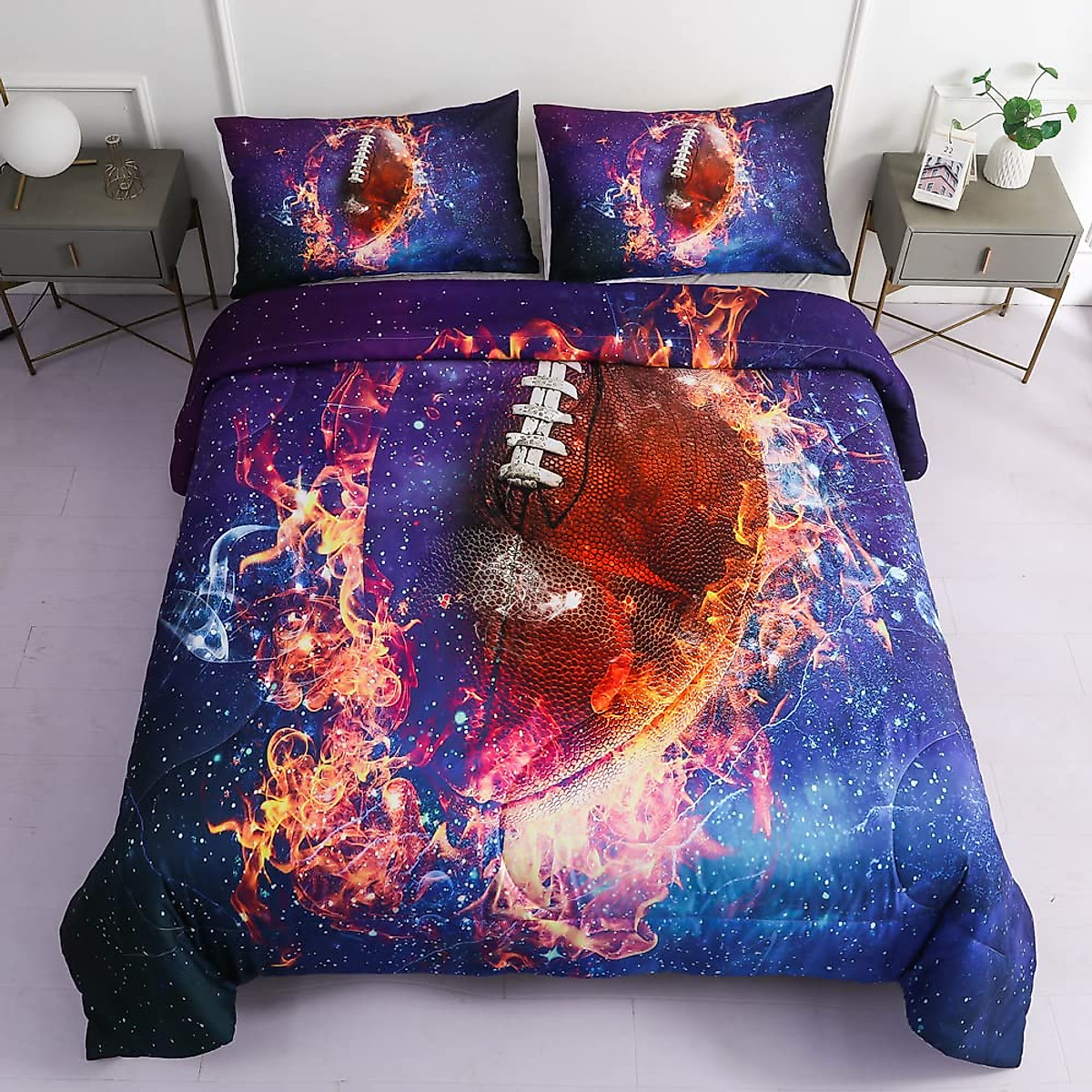 Roscloud Sports Football Rugby Comforter Sets Twin Size Bed Set- 2PC Ice Flame Galaxy Football Boys Quilt Bedspread Bedding Set（Comforter x 1 Pillowcases x 1）